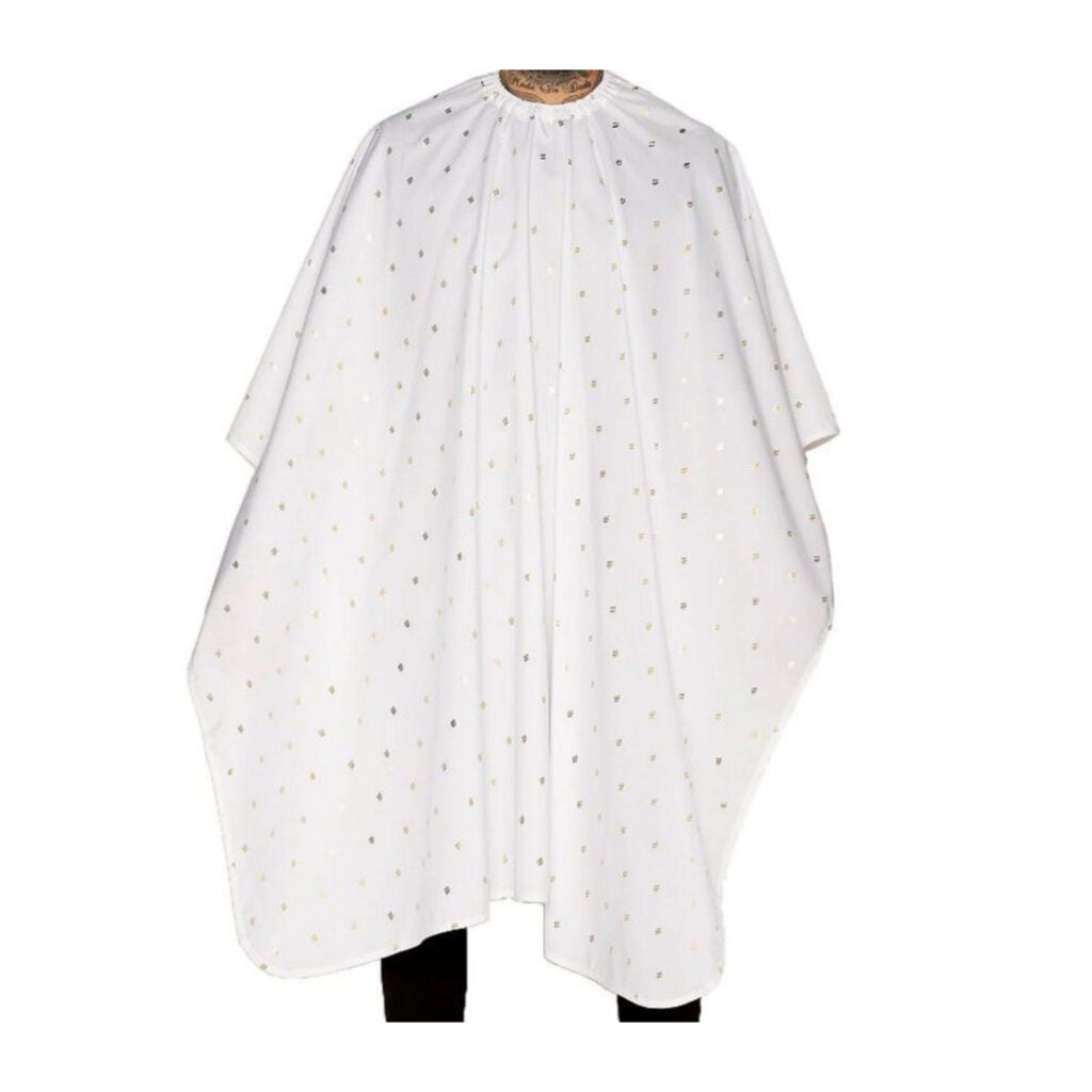 Barber Strong The Barber Cape – White w/ Gold | Nancy's Beauty Warehouse
